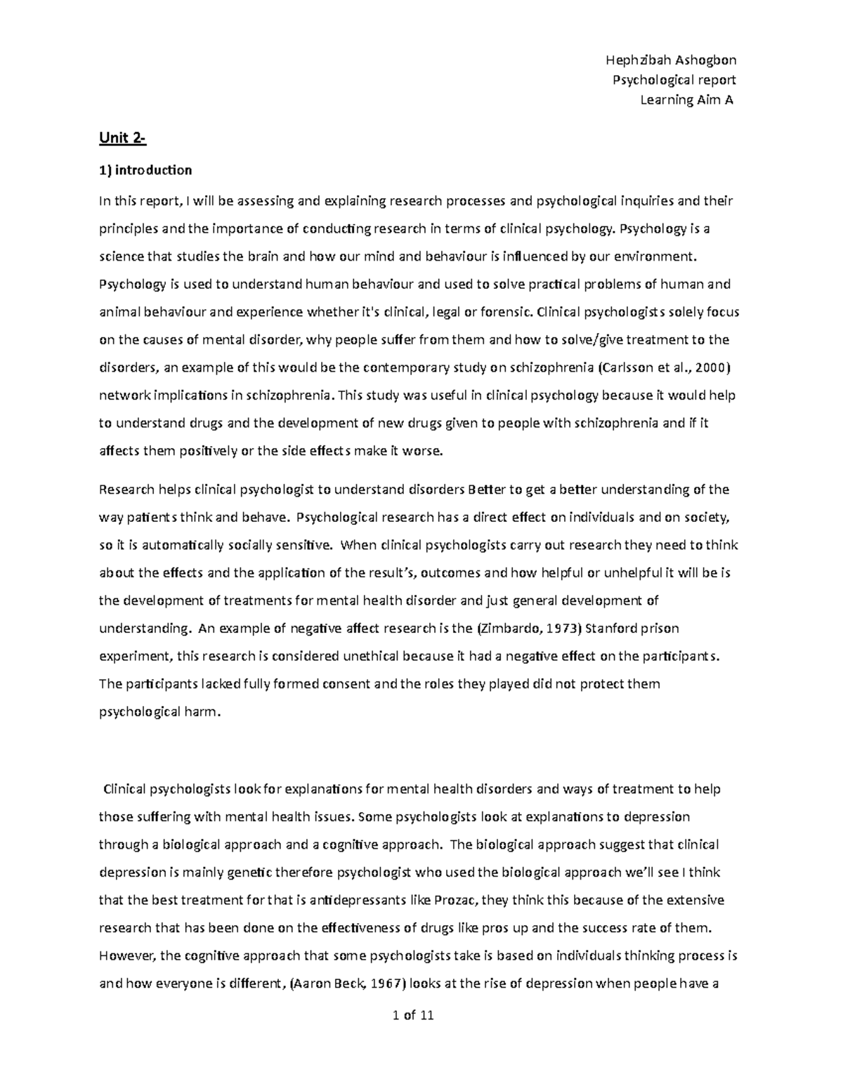 Unit 2 psychology coursework - Psychological report Learning Aim A Unit ...