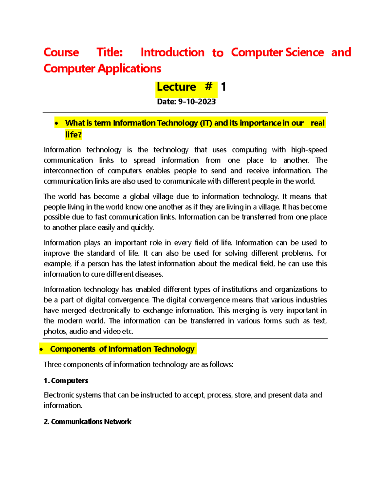 Lecture 1 - ITC pdf - hgyutkuty - Course Title: Introduction to Computer Science and Computer ...