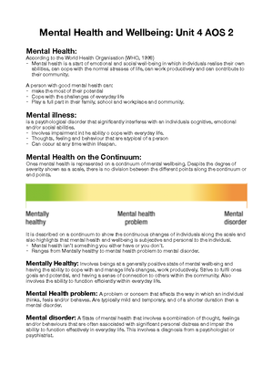 Unit 4 Chapter 8 Mental Health and Wellbeing Notes - Unit 4 ...