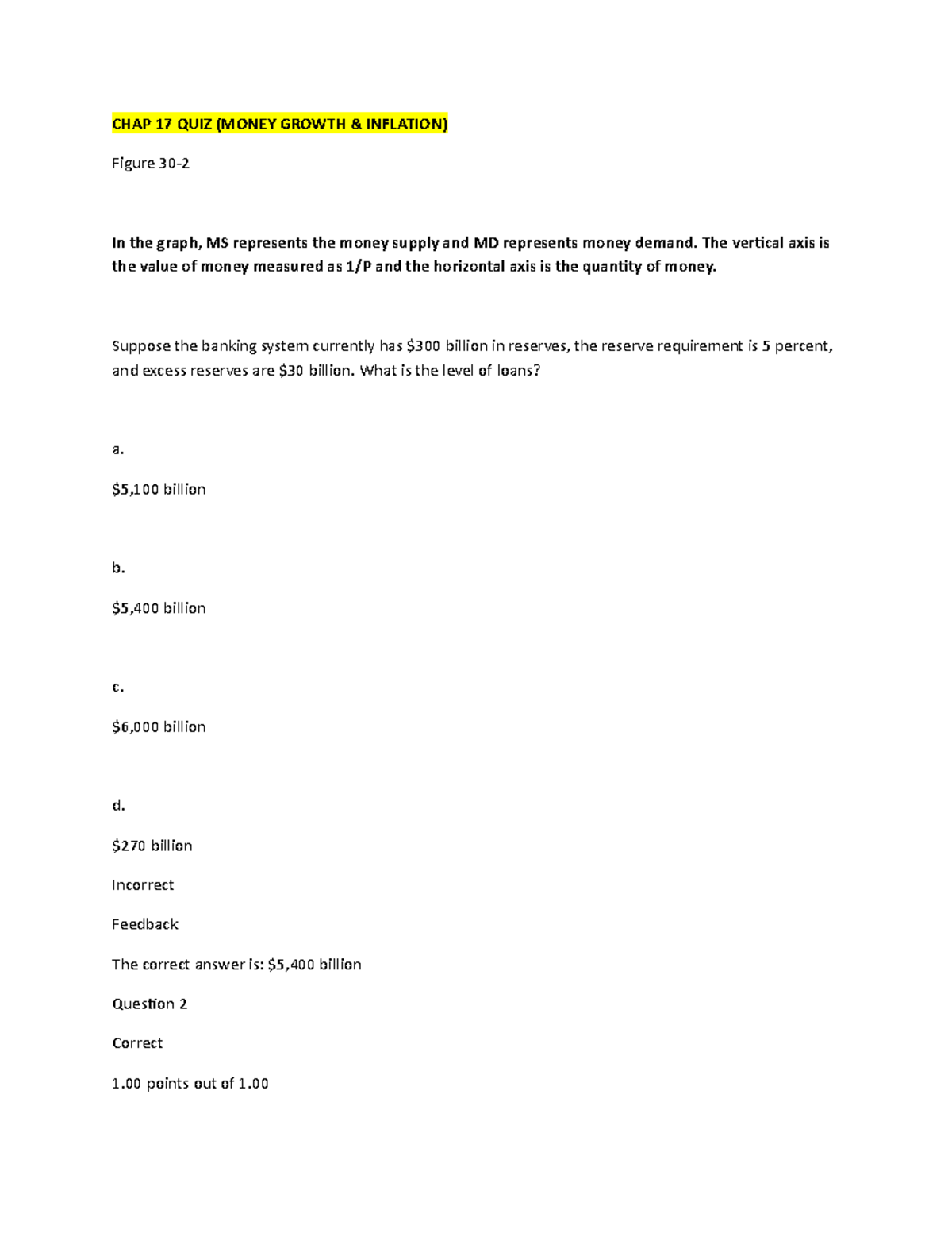 Chapter 16 quiz Monetary System - CHAP 17 QUIZ (MONEY GROWTH ...