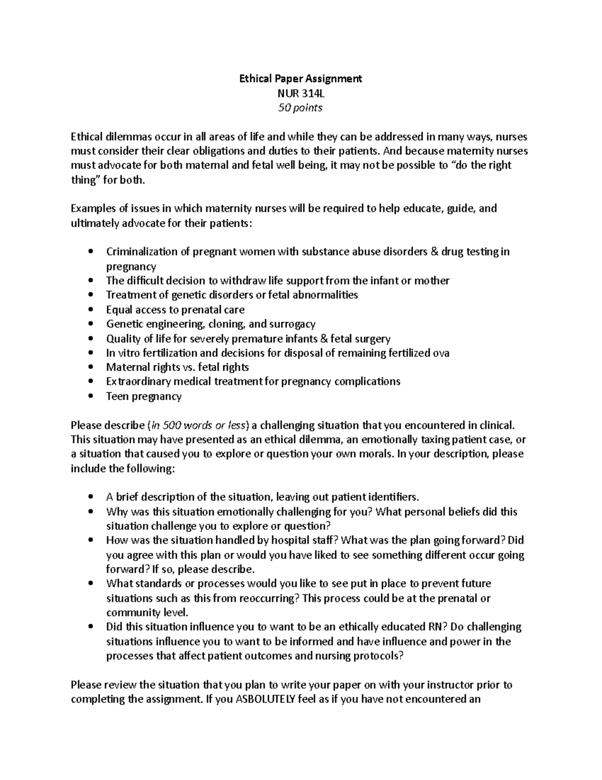 51 - exam 2 - Ethical Paper Assignment NUR 314L 50 points Ethical ...