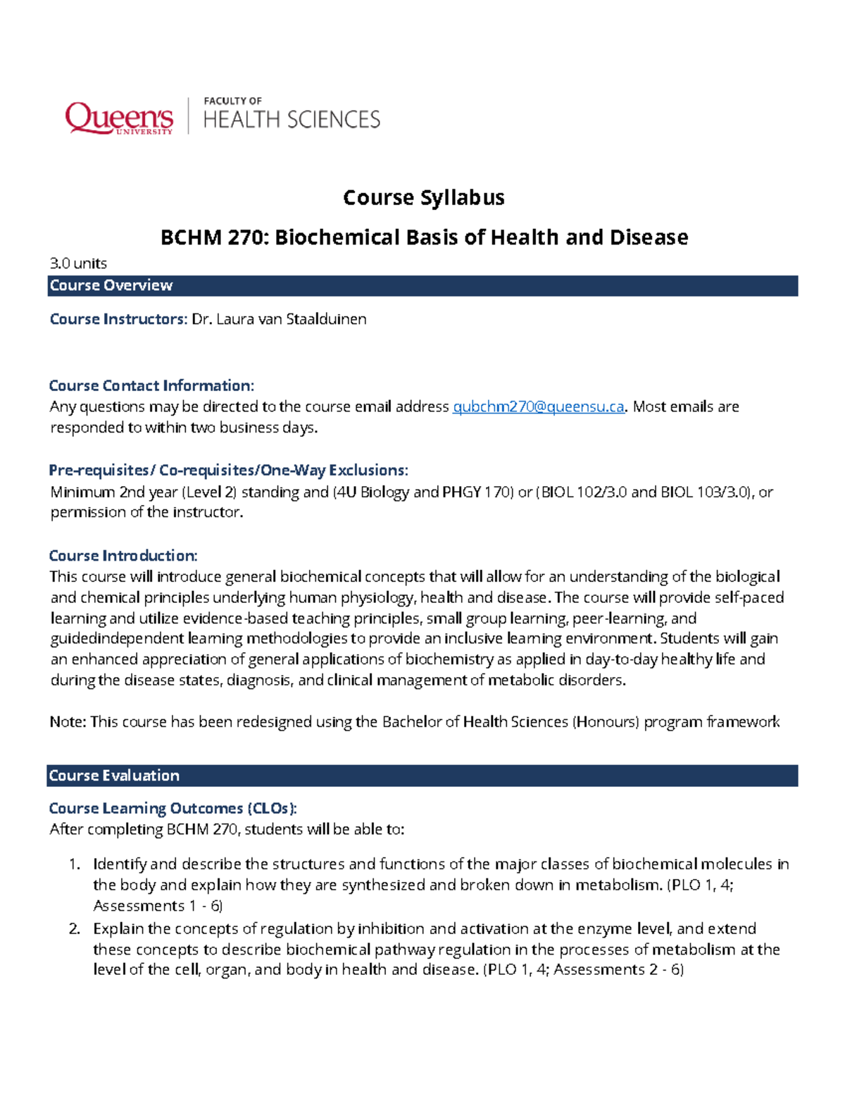 BCHM 270 ONL Syllabus 2024 - Course Syllabus BCHM 270: Biochemical ...