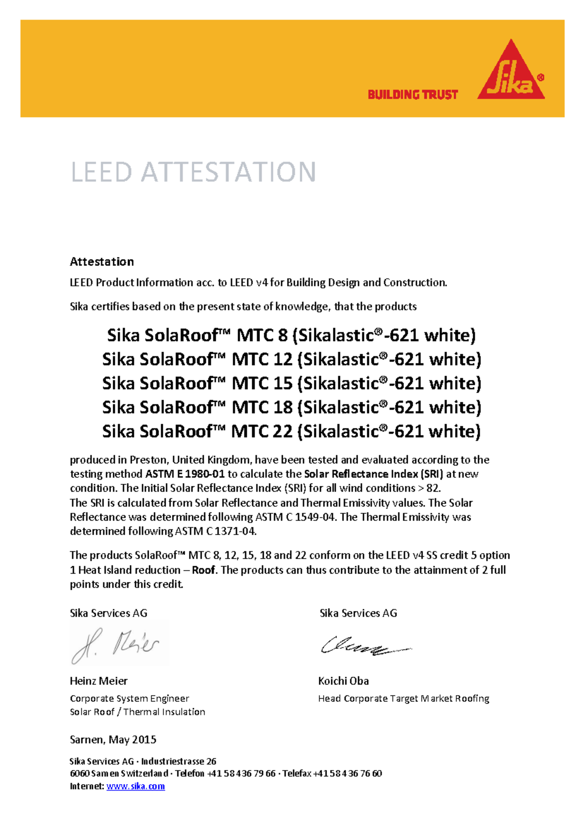 LEED SRI solar-roof-mtc white - LEED ATTESTATION Sika Services AG ...