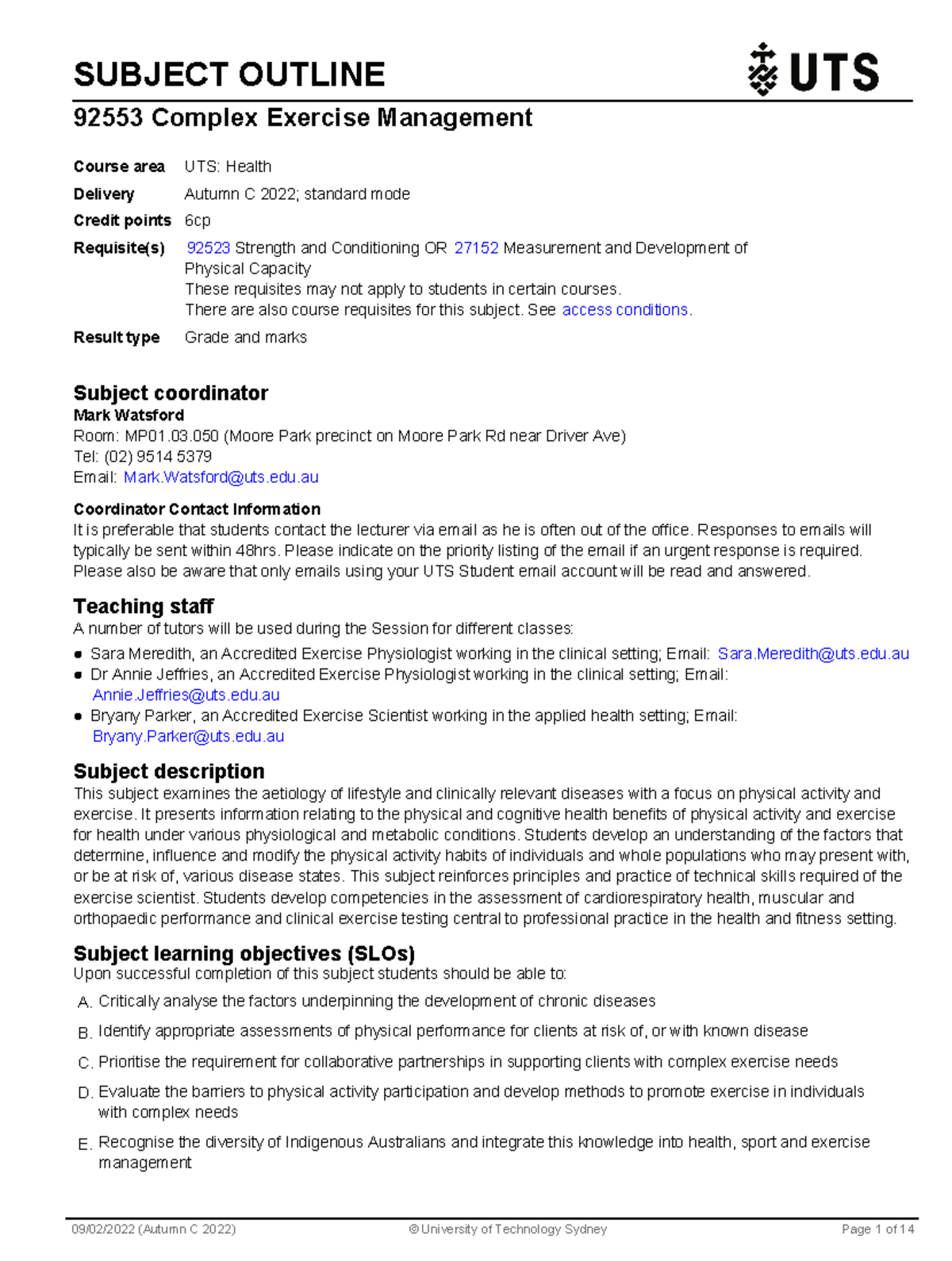 92553 Subject Outline posted online - SUBJECT OUTLINE 92553 Complex Exercise Management Subject ...