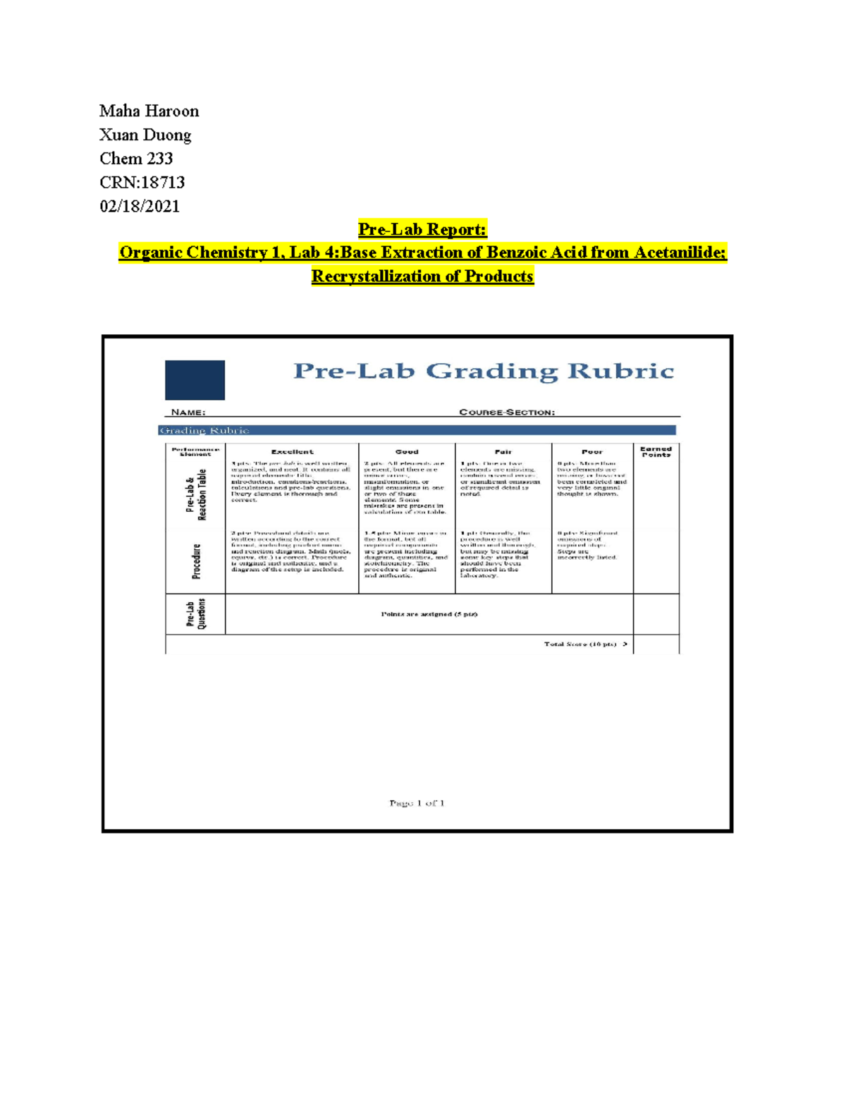 Pre-Lab 4 Orgo - Maha Haroon Xuan Duong Chem 233 CRN: 02/18/ Pre-Lab ...