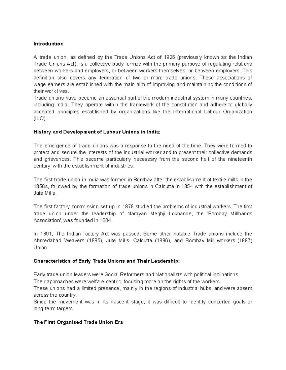 History and evolution of trade union - Introduction A trade union, as ...