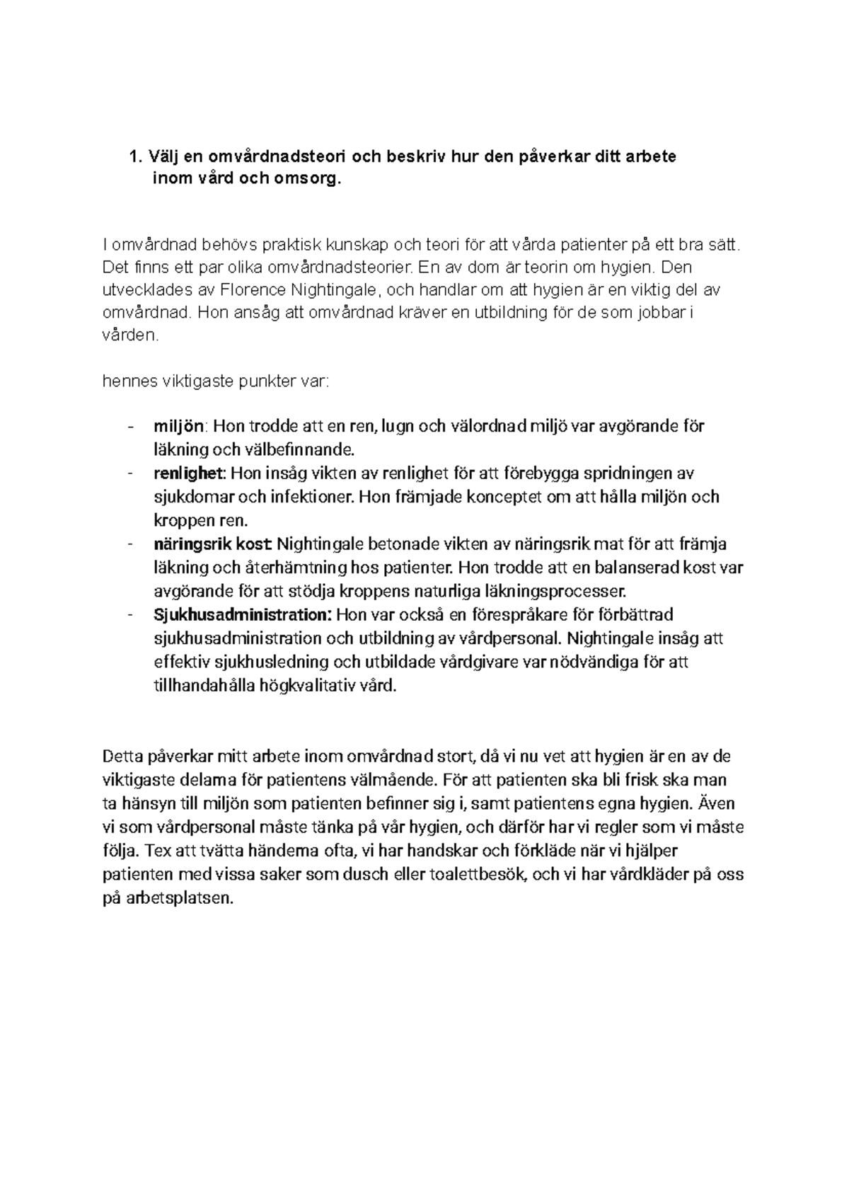 Namnlöst dokument - Instuderingsfrågor - Välj en omvårdnadsteori och ...