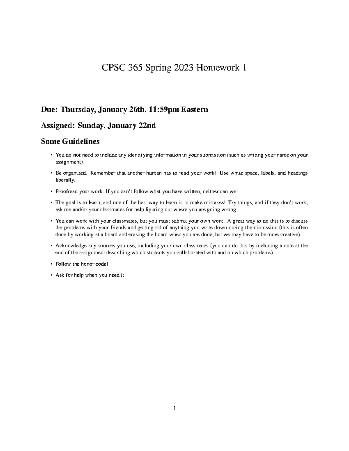 Homework 01 - CPSC 365 Spring 2023 Homework 1 Due: Thursday, January 26th, 11:59pm Eastern ...
