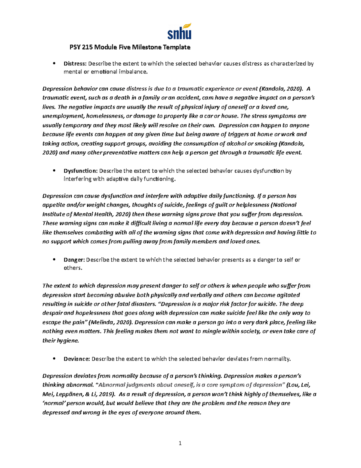 PSY 215 Module Five Milestone Template - PSY 215 Module Five Milestone ...