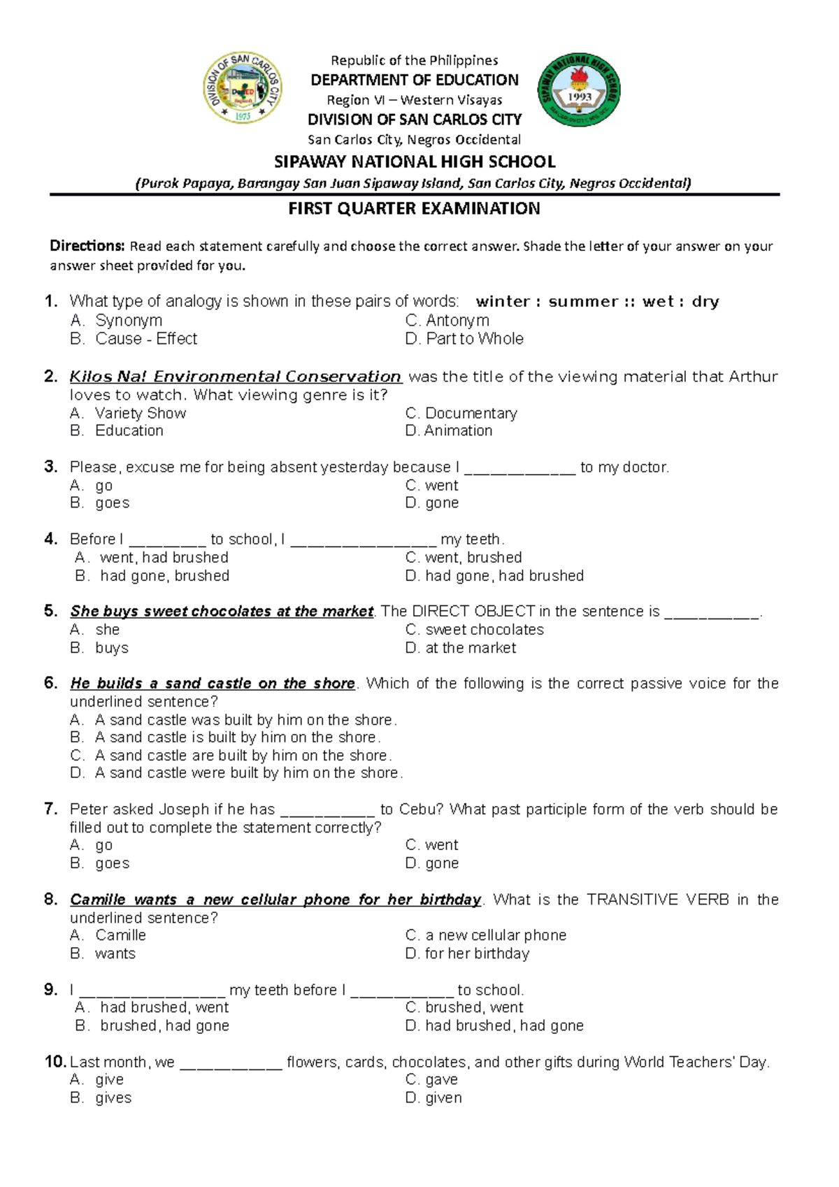 1st Periodical Test Filipino 4 Pdf Jethro Jeff