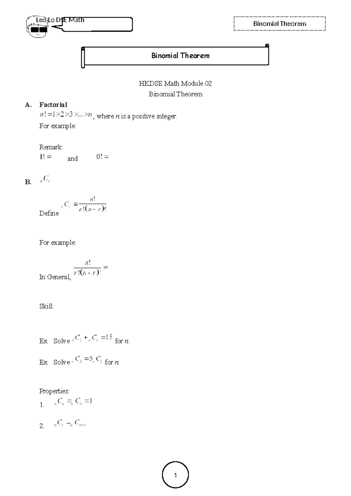 04 Binomial Theorem DSE - Binomial Theorem HKDSE Math Module 02 Binomial Theorem A. Factorial ...