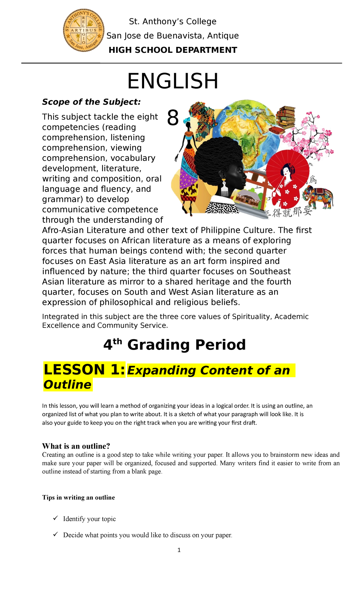 English 8 Handouts WEEK 1 - St. Anthony’s College San Jose de ...