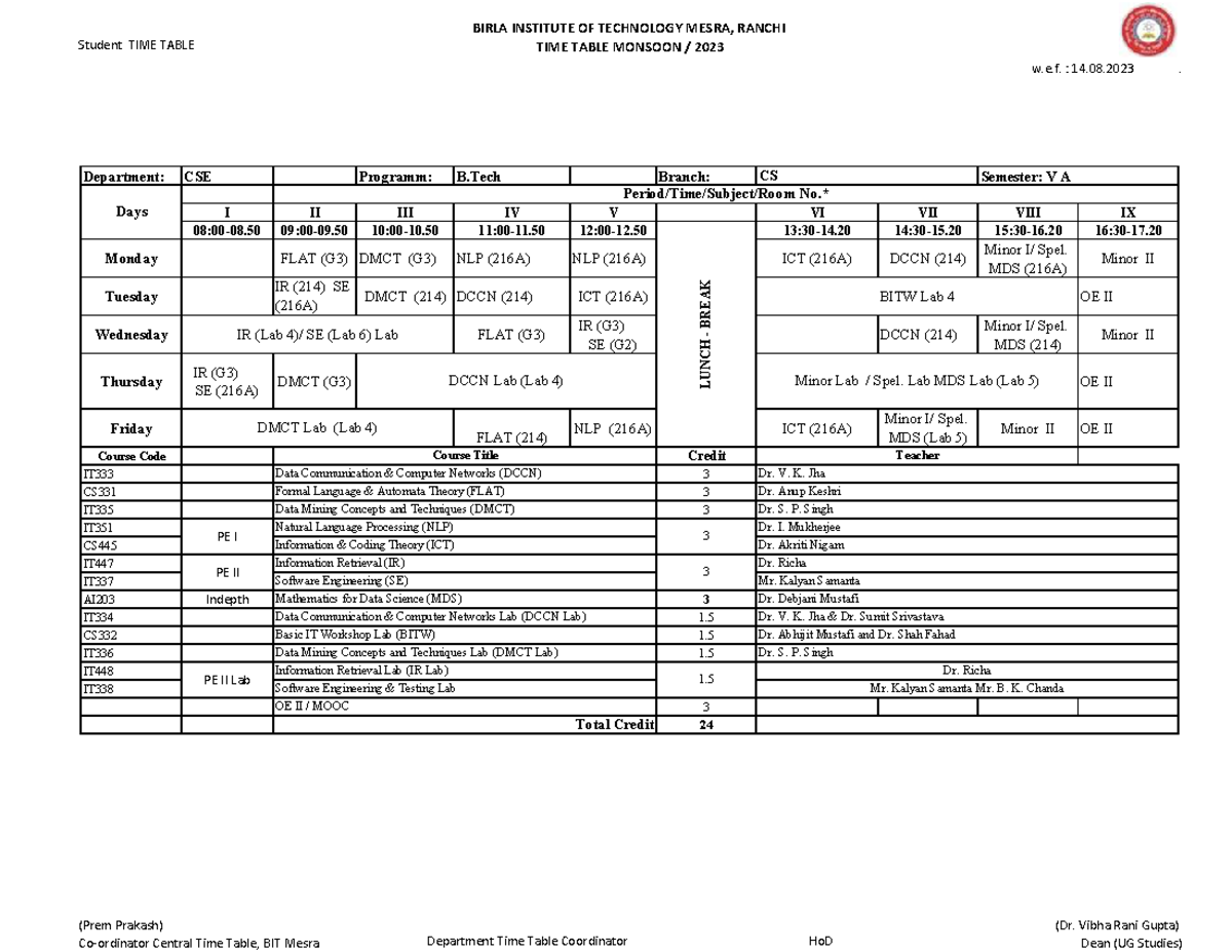B.Tech CS V TT MO-2023-1 - Student TIME TABLE BIRLA INSTITUTE OF ...
