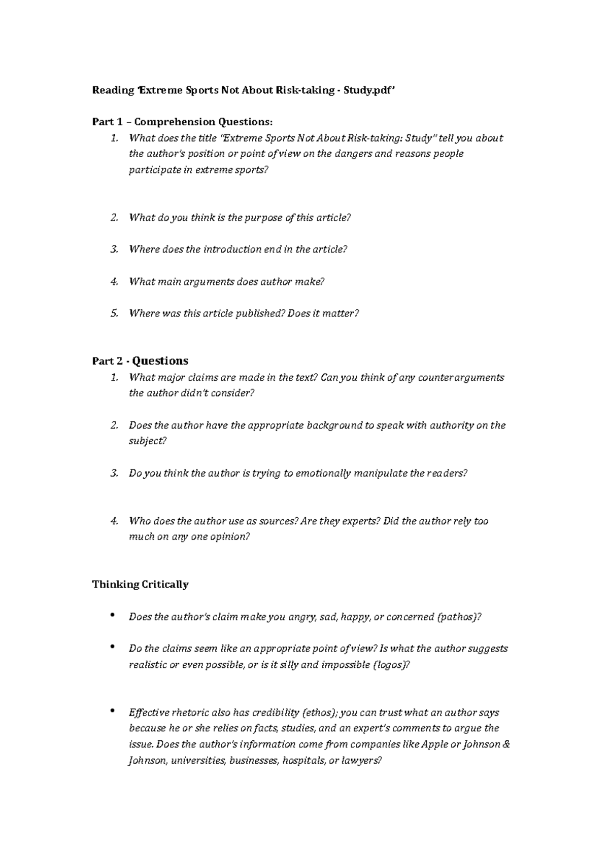 6. ‘Extreme Sports Not About Risk-taking-questions - Reading ‘Extreme ...