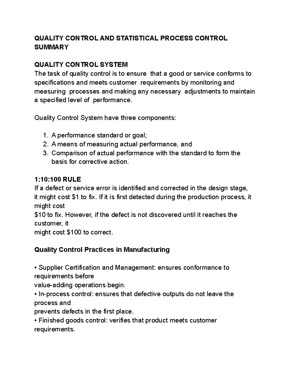 Quality Control AND Statistical Process Control Summary - QUALITY ...