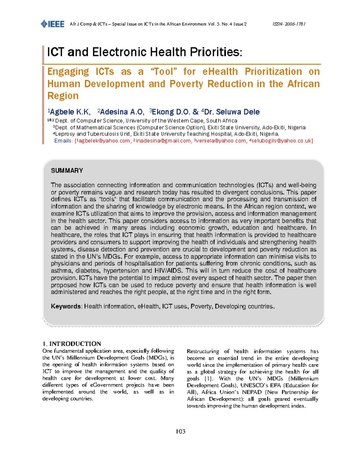 Health ICT Agbele ICT 2011 - 1. INTRODUCTION One fundamental application area, especially ...