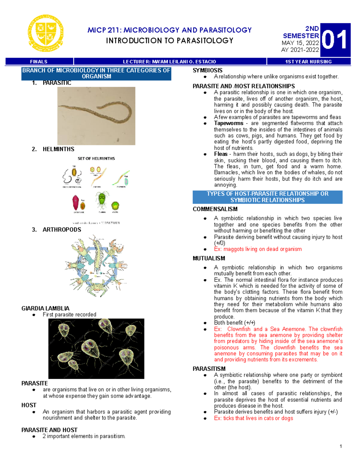 MICP 211 Introduction TO Parasitology - MICP 211: MICROBIOLOGY AND PARASITOLOGY INTRODUCTION TO ...