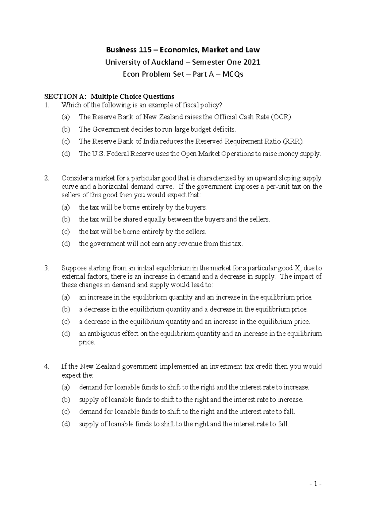 B115 - Econ Problem Set – Part A – MCQ for Exam - Business 115 ...