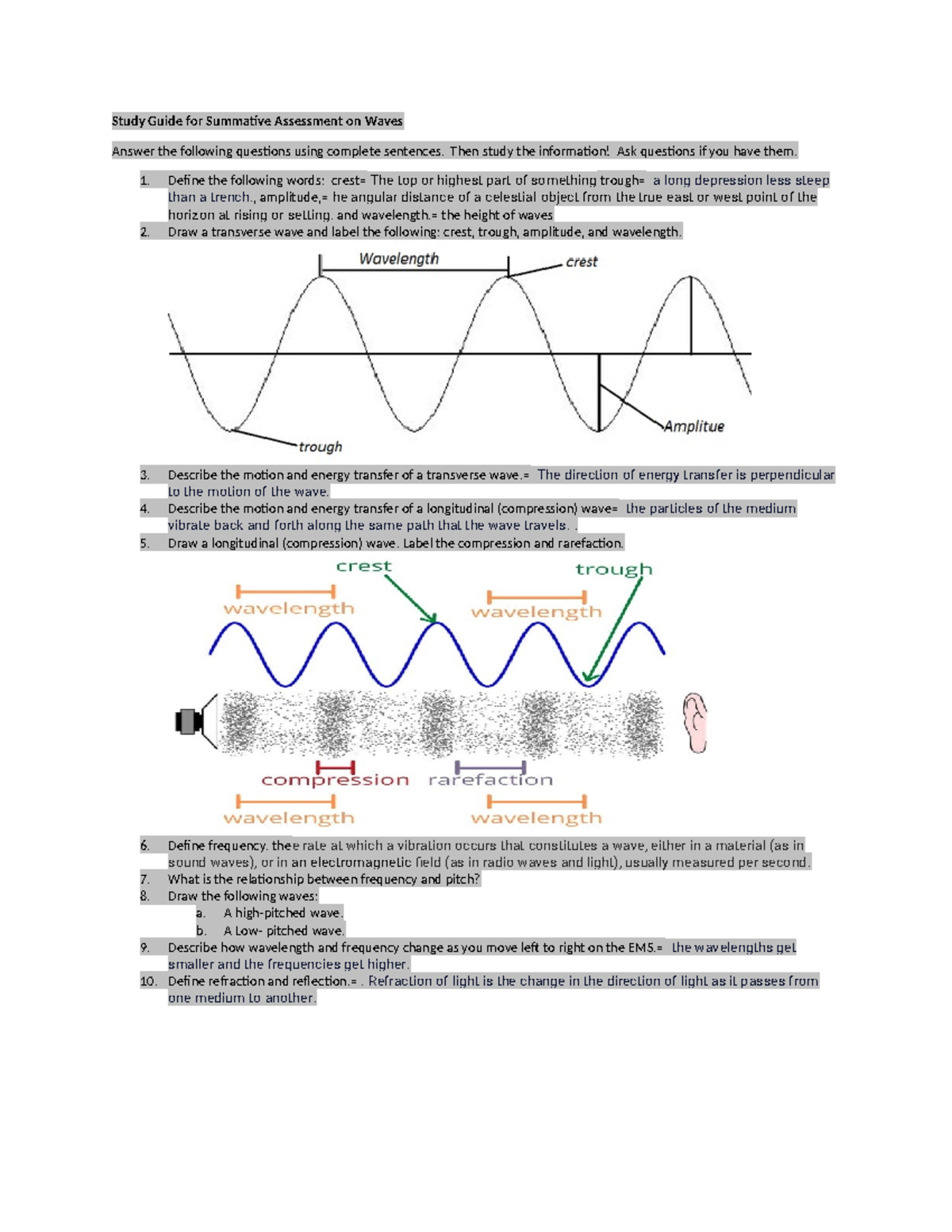 Study Guidefor Summative Assessmenton Waves - Study Guide for Summative ...