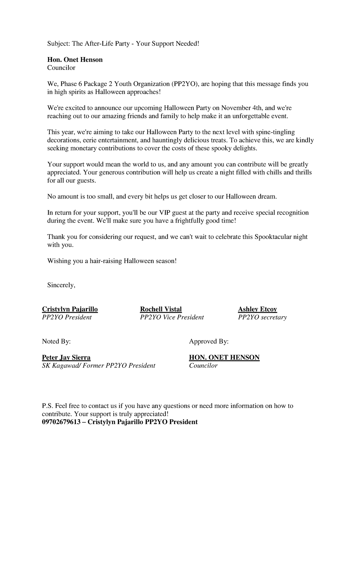 Letter for Kagawad - Subject: The After-Life Party - Your Support ...