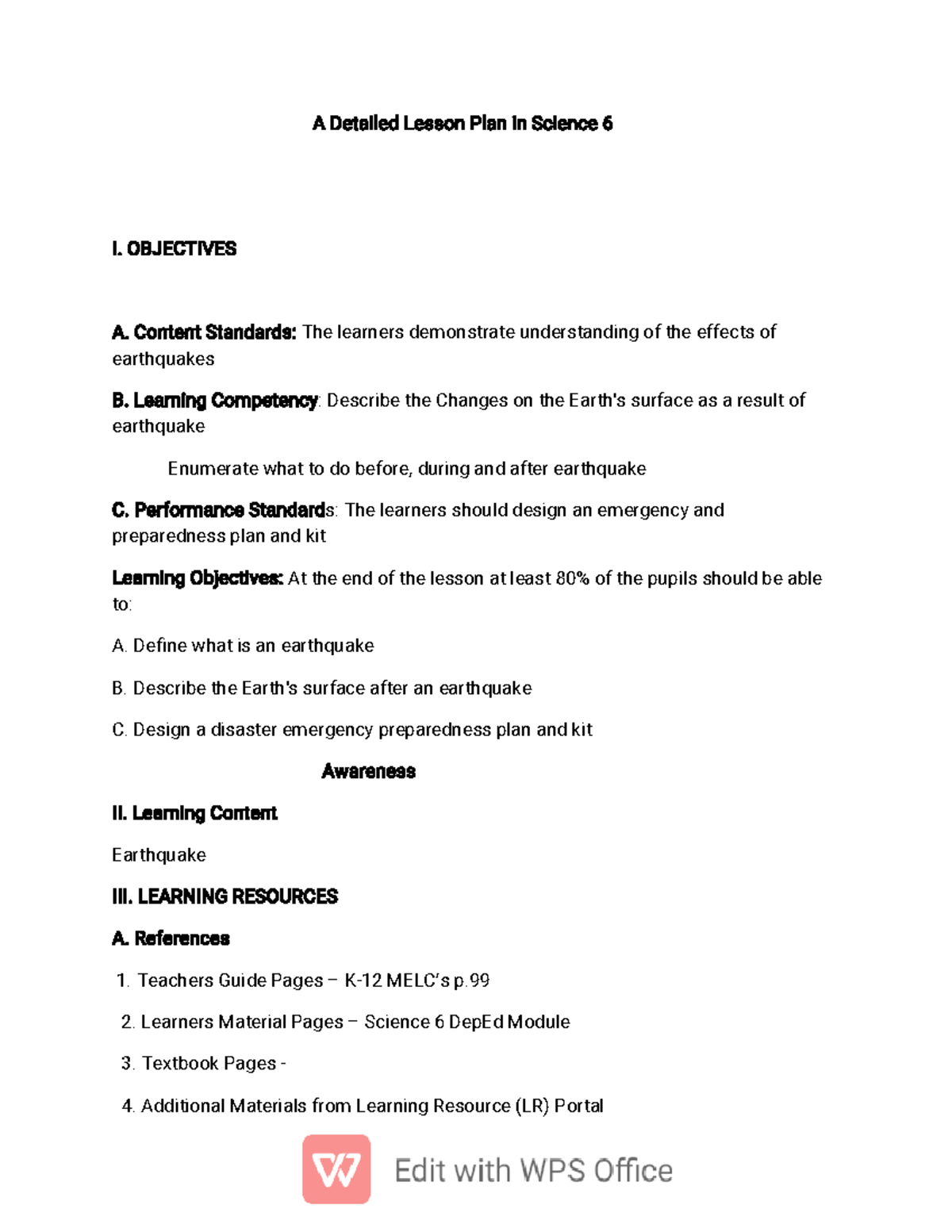 DLP in Science - A Detailed Lesson Plan in Science 6 I. OBJECTIVES A ...