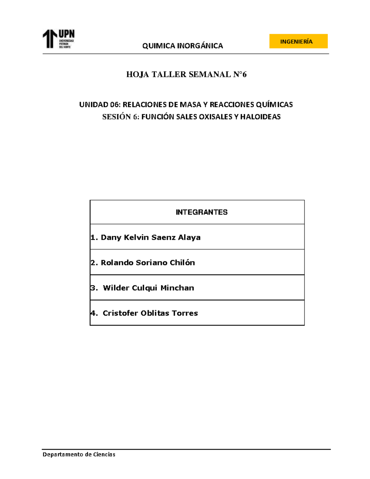 Hoja Taller Grupal N° 6 Sales Oxisales y Haloideas - QUIMICA INORGÁNICA HOJA TALLER SEMANAL N ...