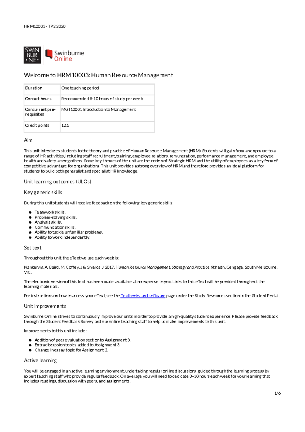 HRM10003 TP2 2020 sol - Welcome to HRM10003: Human Resource Management Duration One teaching ...