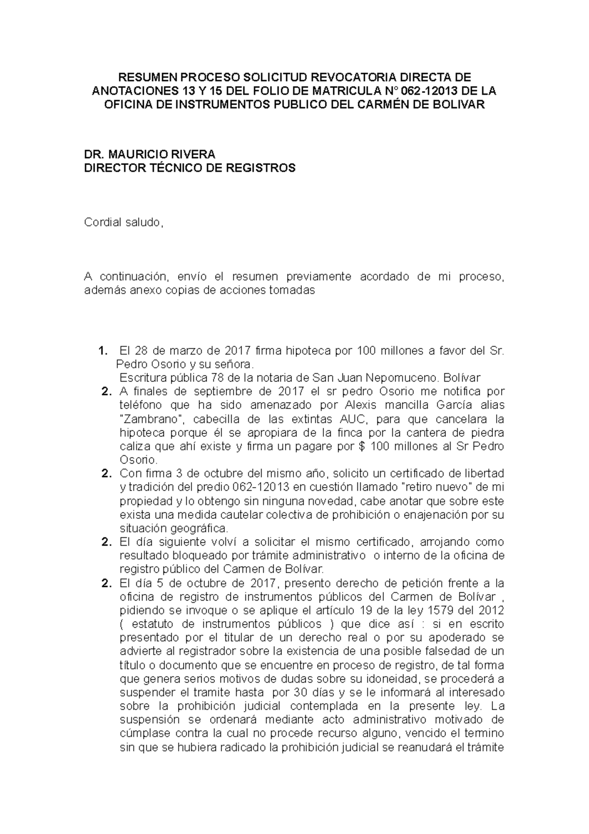 DATO Victor - Hechos demanda administrativo - RESUMEN PROCESO SOLICITUD ...