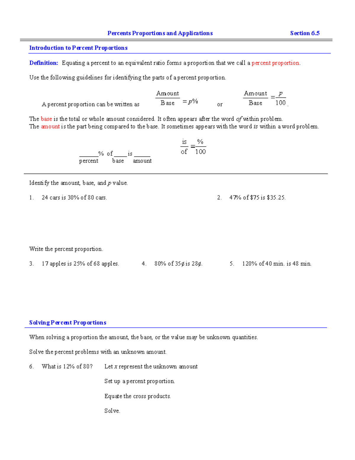 PIA Lecture Notes 6 - Percents Proportions and Applications Section 6 ...