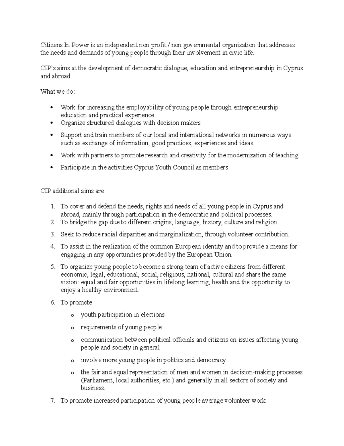 Citizens In Power is an independent non profit - CIP’s aims at the ...