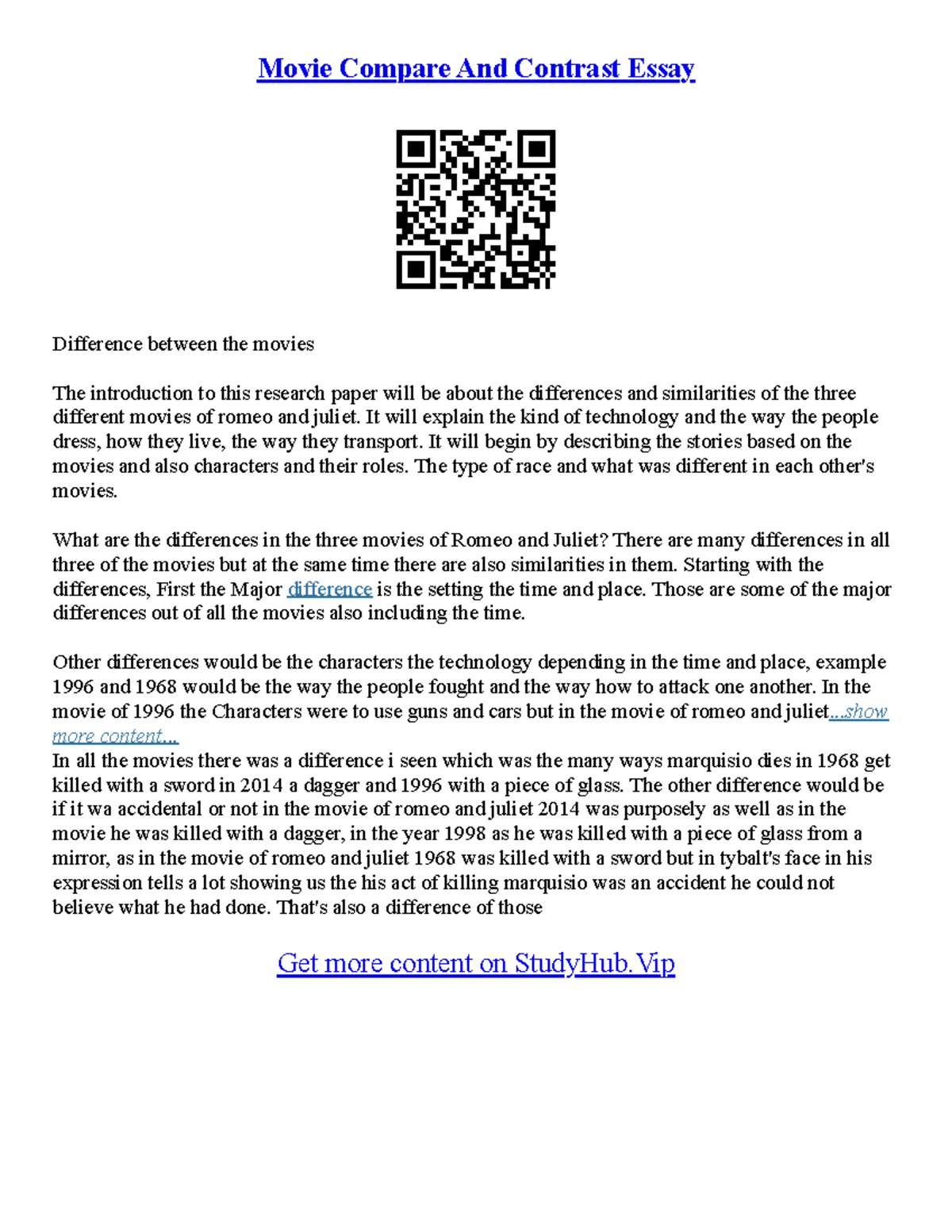 Outlines For Compare And Contrast Essays - Movie Compare And Contrast ...