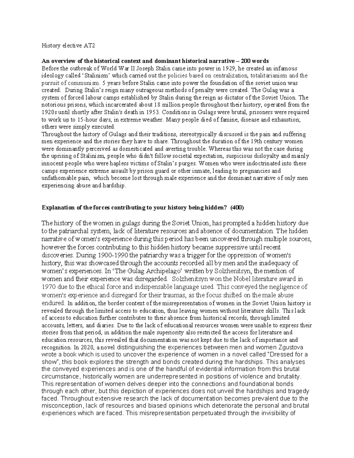 History elective AT2 - Essay on USSR - History elective AT An overview ...