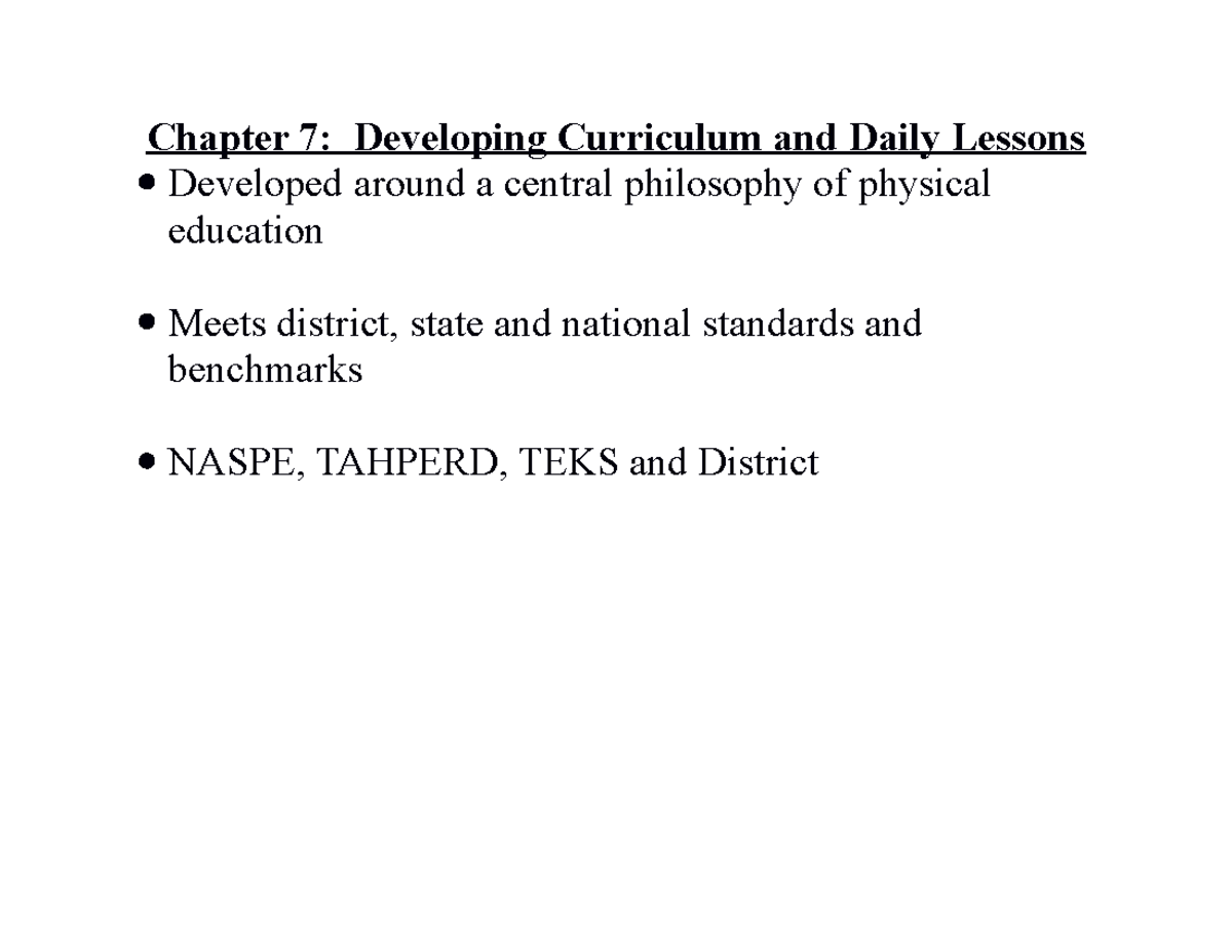 KINE 3355 Chapter 7 Notes - Chapter 7: Developing Curriculum and Daily ...