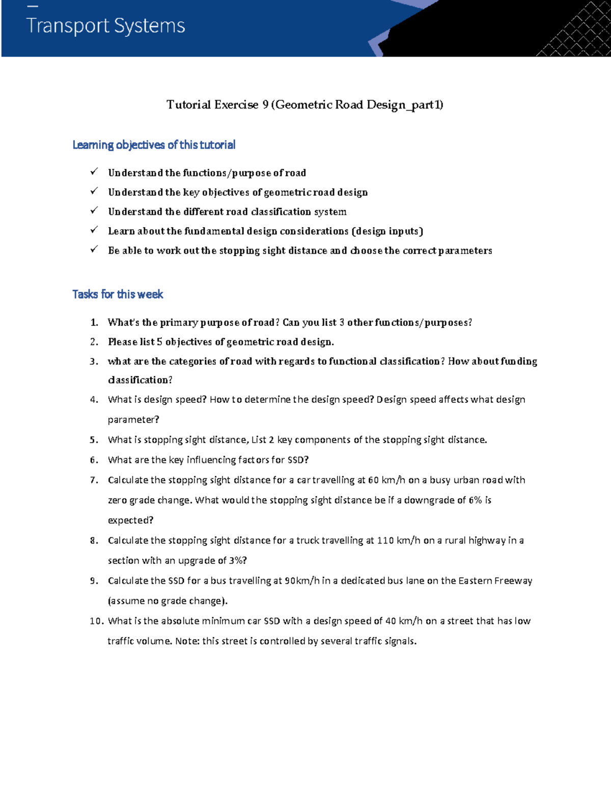 TS Tutorial 9 2023 - TUTE 9 WK10 - Tutorial Exercise 9 (Geometric Road ...