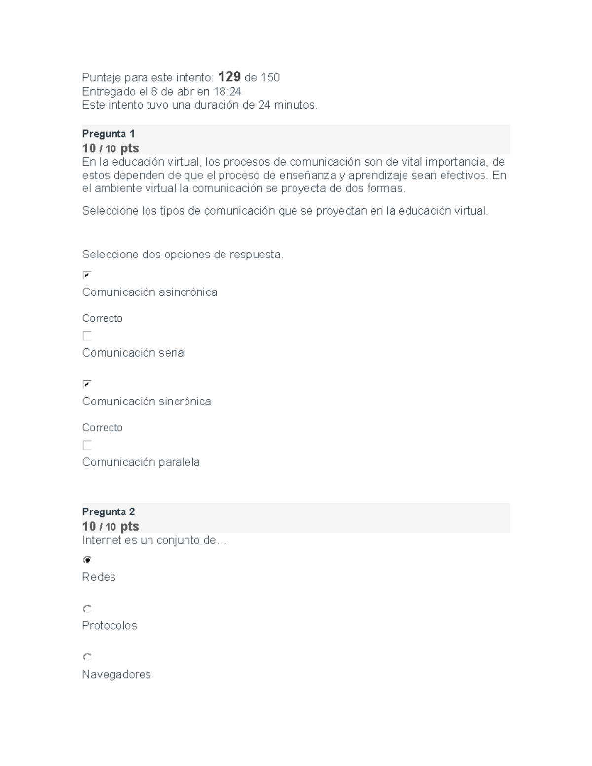 Parcial Final ESC 8 - Puntaje para este intento: 129 de 150 Entregado ...