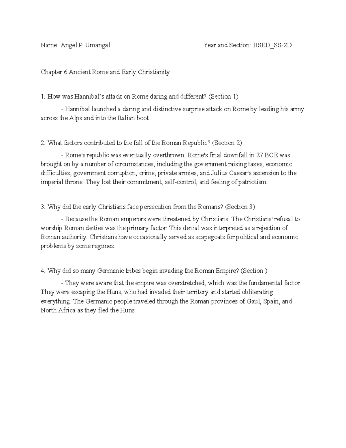 Chapter 6 Ancient Rome and Early Christianity - Name: Angel P. Umangal ...