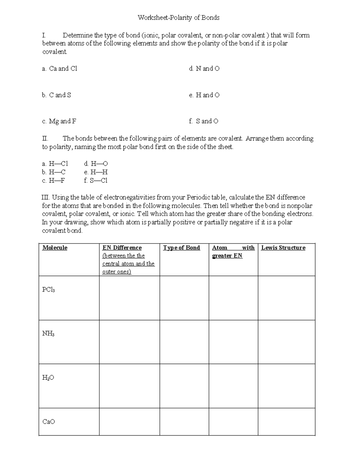 Copy of Worksheet-Polarity of Bonds - Worksheet-Polarity of Bonds I ...