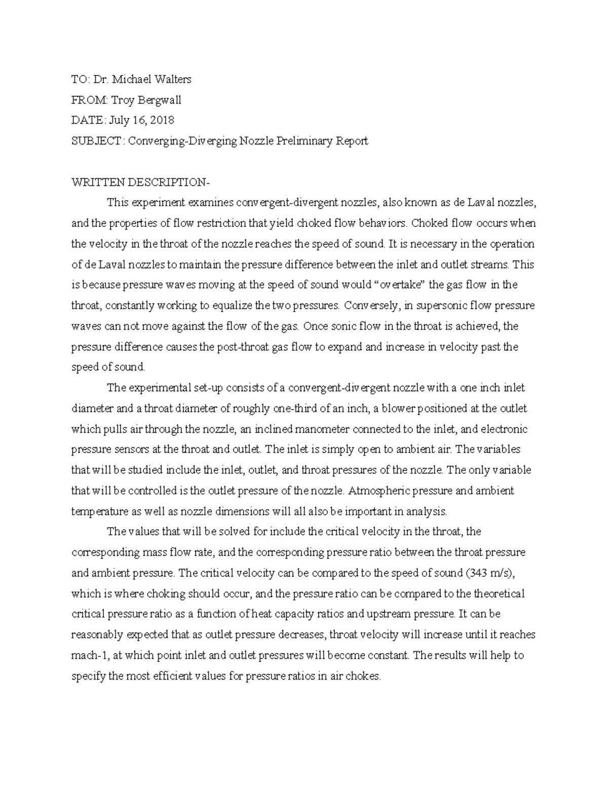 CHE 333 Prelim 1 - TO: Dr. Michael Walters FROM: Troy Bergwall DATE ...