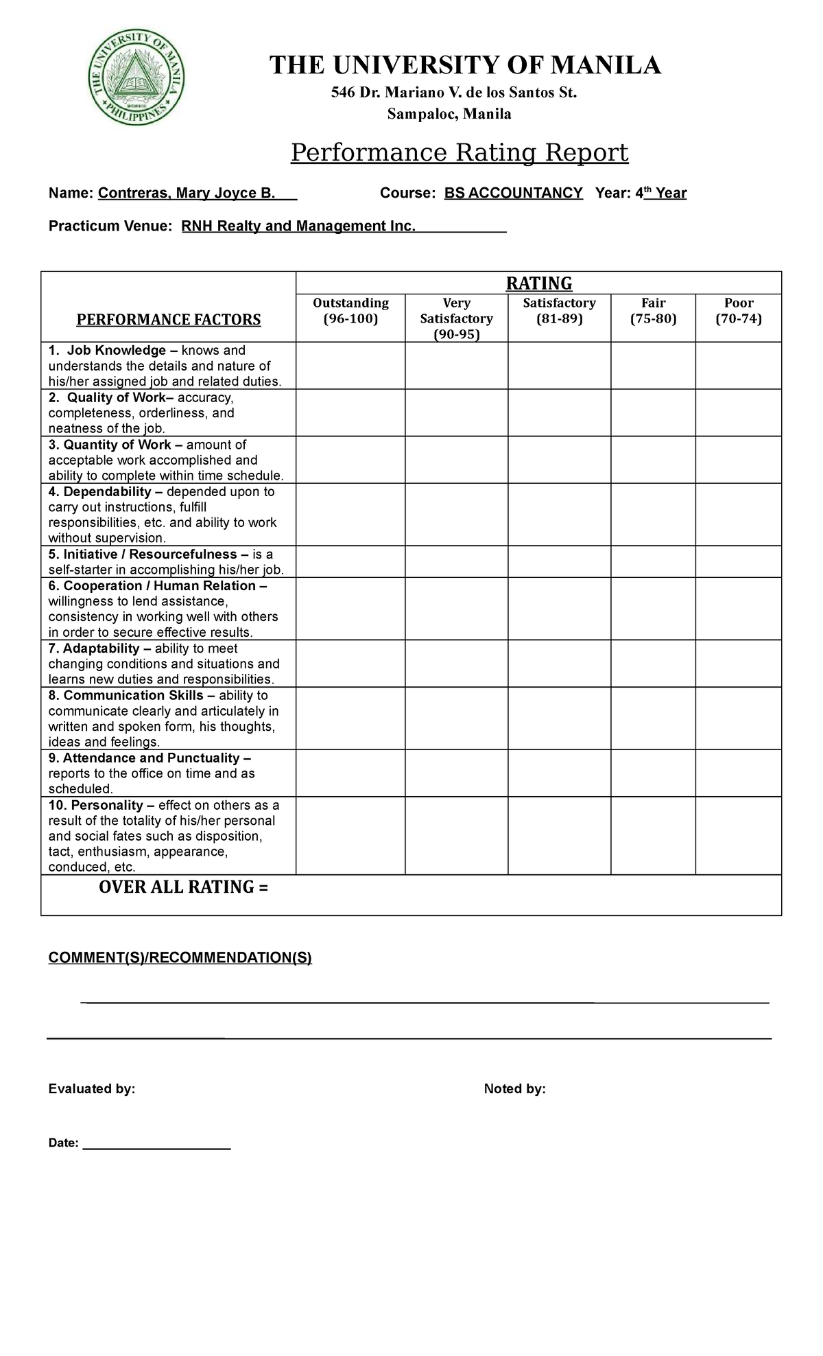 Evaluation-form - QWE - THE UNIVERSITY OF MANILA 546 Dr. Mariano V. de ...