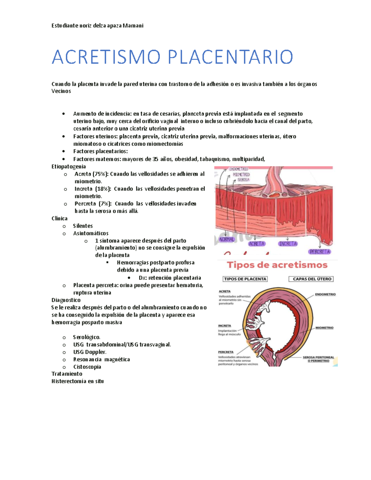 Acretismo placentario - Estudiante noriz delza apaza Mamani Cuando la ...