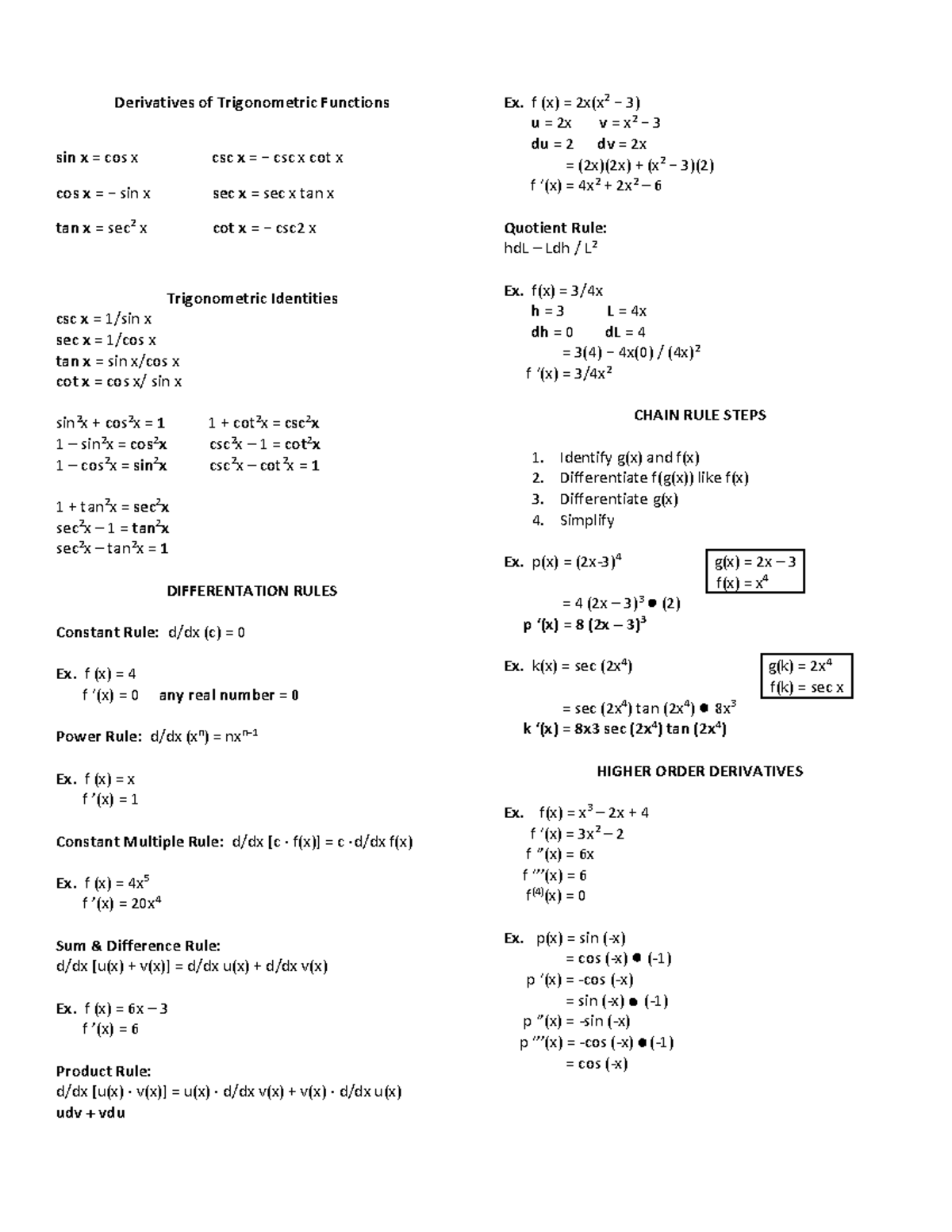 Bascal Reviewer Prelims 2ND Q - Derivatives of Trigonometric Functions ...