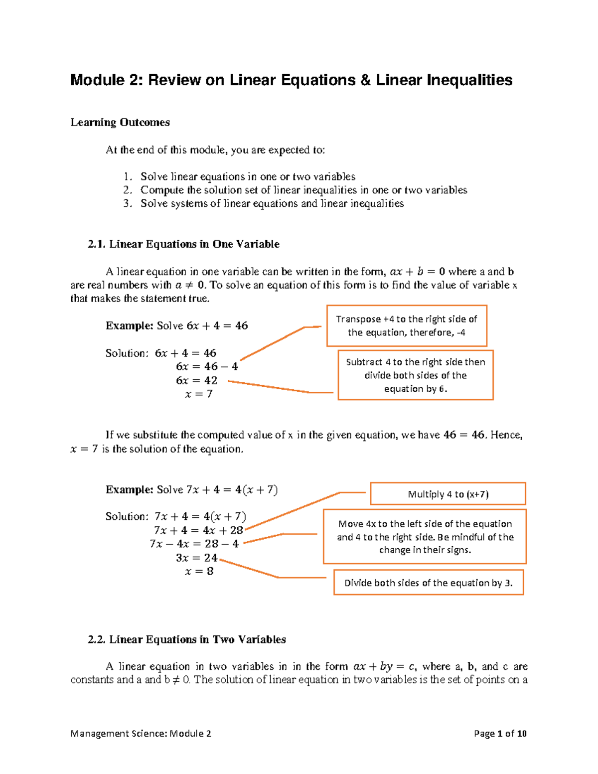 Module 2 review on linear equations and inequalities - Module 2: Review ...