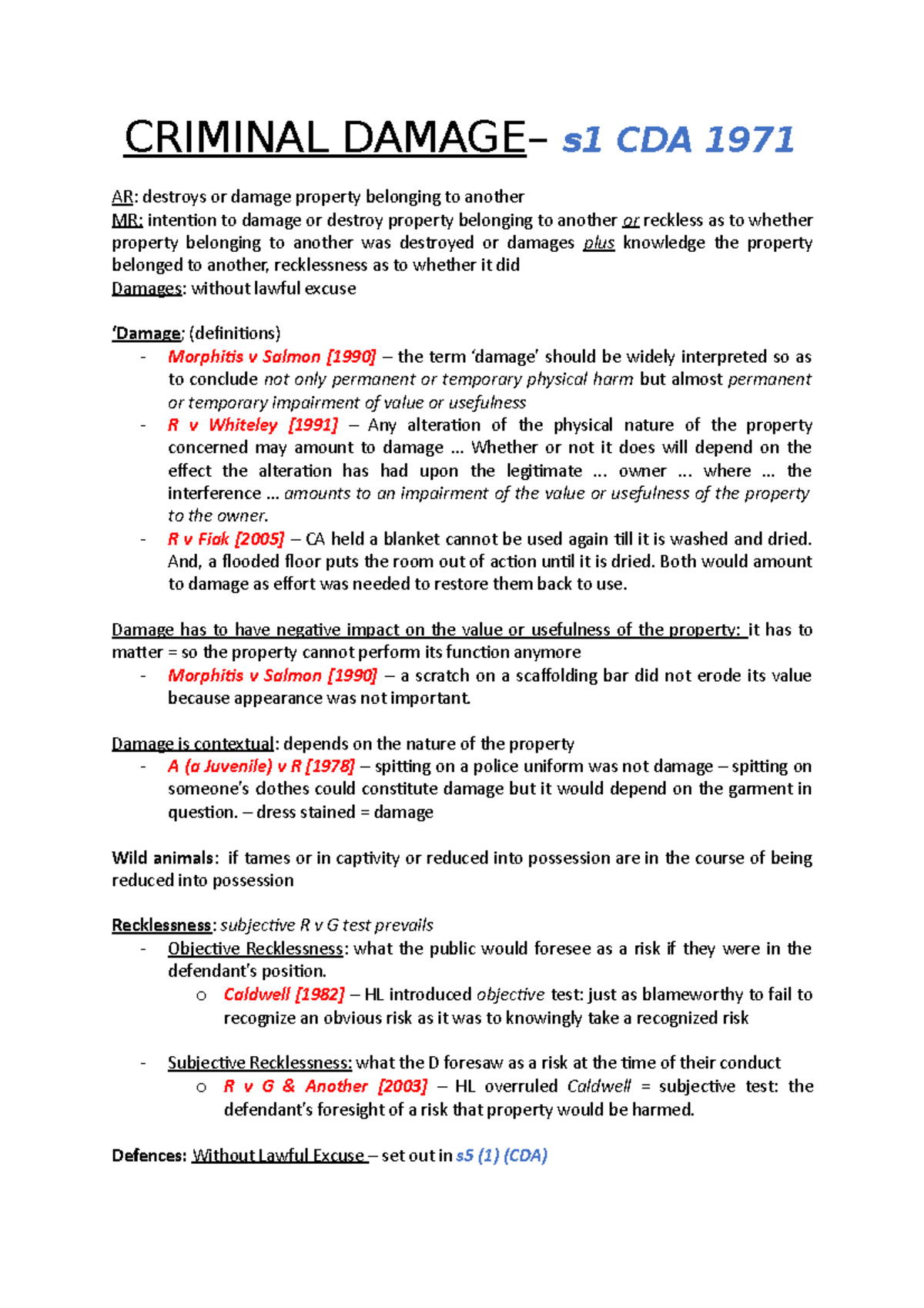 Lecture Summaries - CRIMINAL DAMAGE– s1 CDA 1971 AR: destroys or damage ...