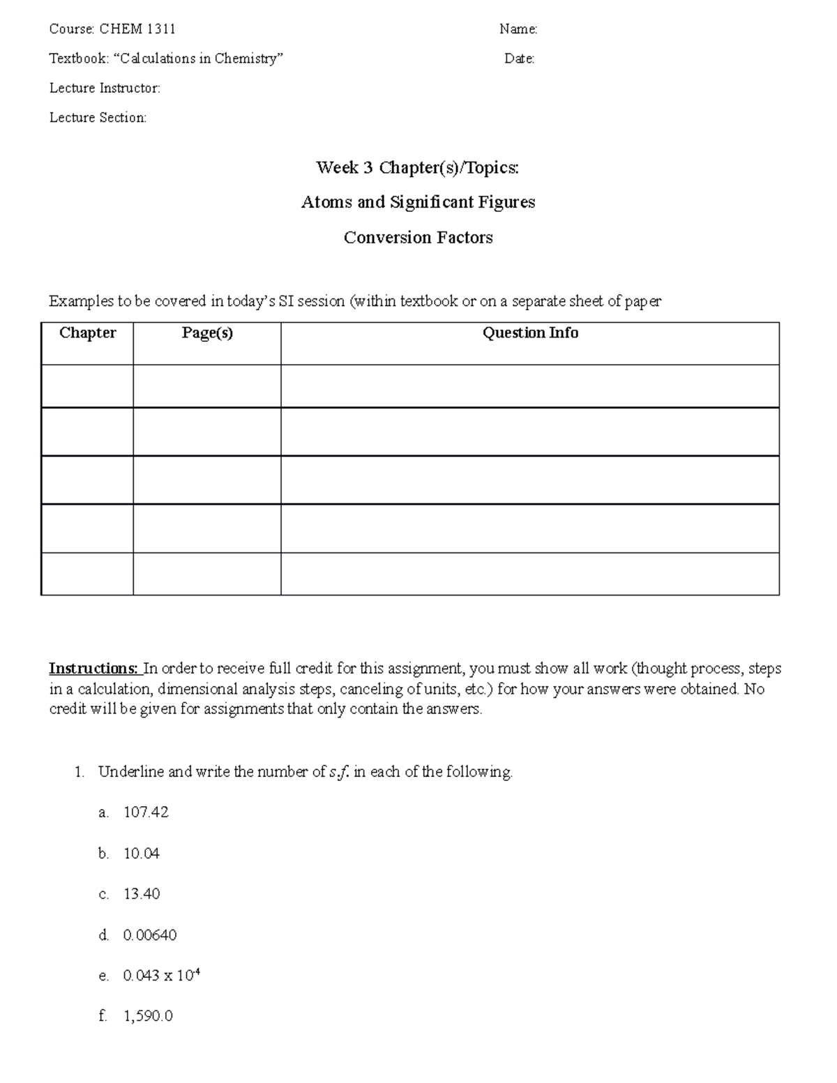 1311 SI Worksheet Week 3 SF - Textbook: “Calculations in Chemistry ...