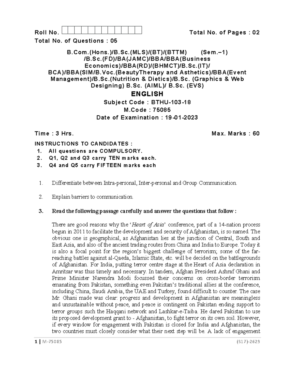 All 1 sem english 75085 jan 2023 - 1 | M-75085 (S17)- Roll No. Total No ...
