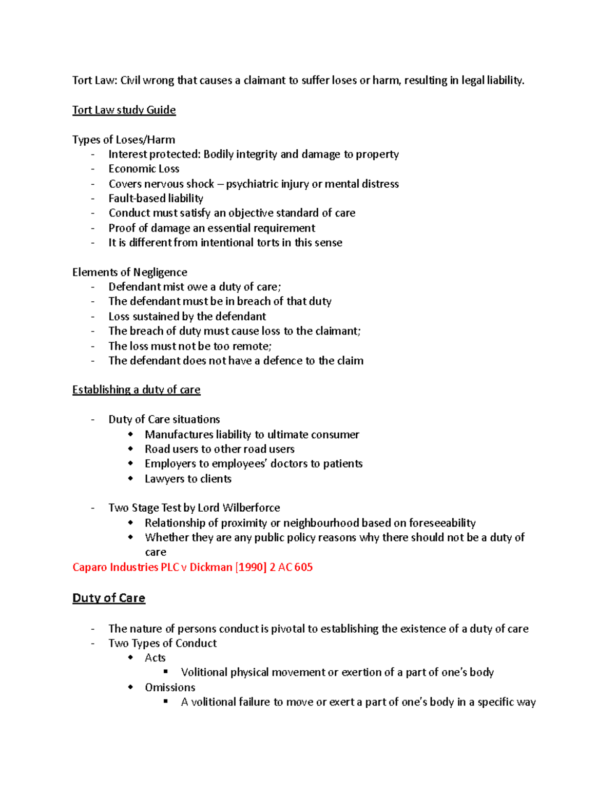 Tort Law Revision - Tort Law: Civil wrong that causes a claimant to ...