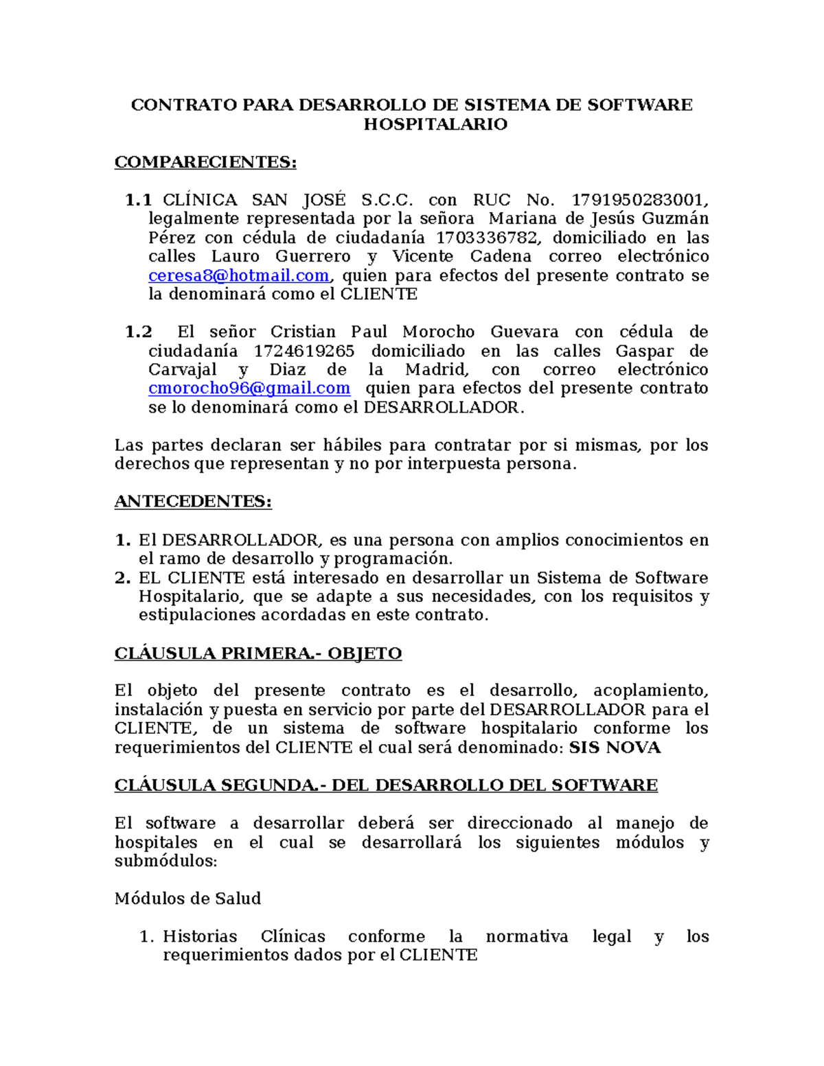 Contrato Implementación Software - CONTRATO PARA DESARROLLO DE SISTEMA ...