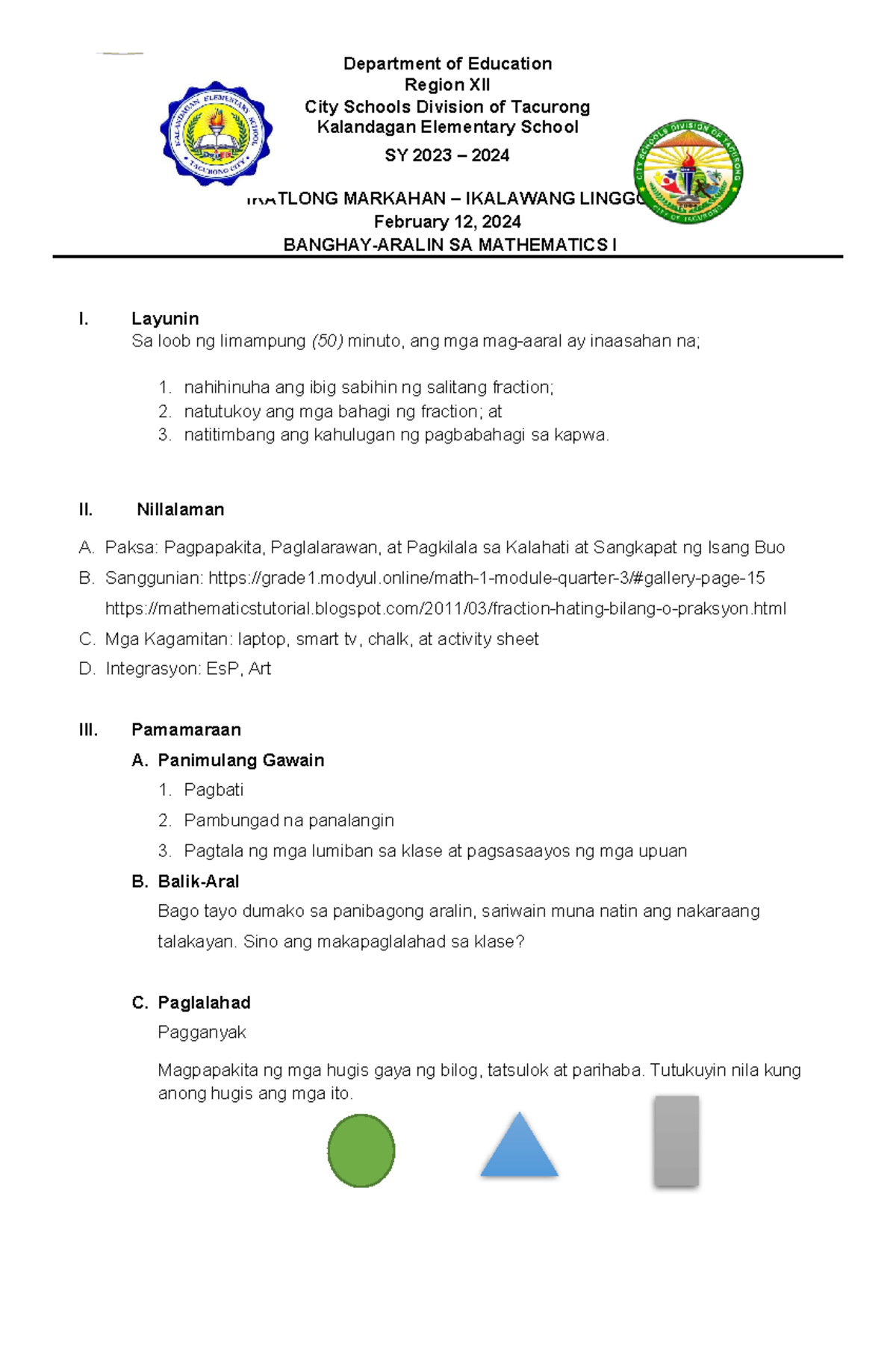 Fraction Math - A sample lesson plan for Mathematics I. - Department of ...