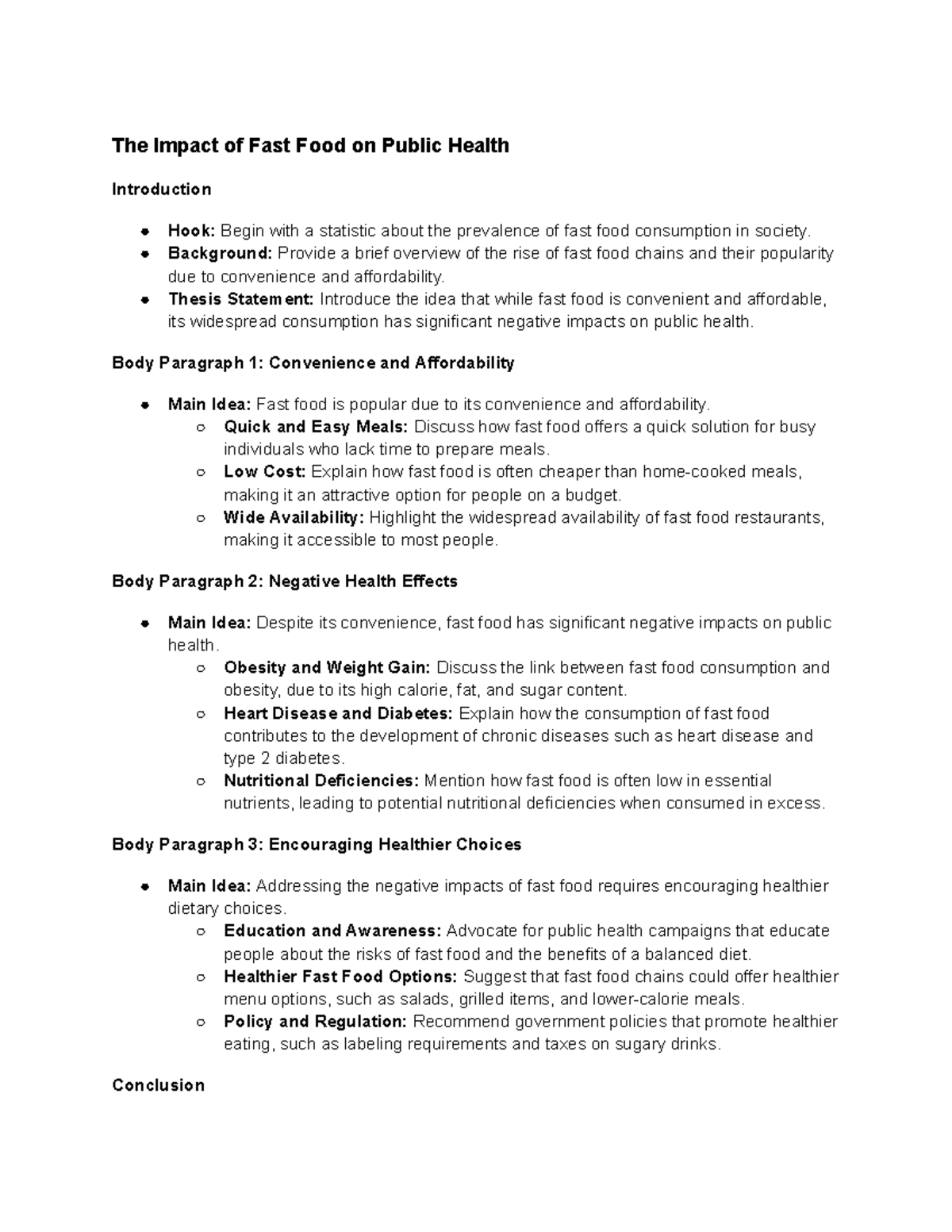 10 - Tarea - The Impact of Fast Food on Public Health Introduction Hook ...