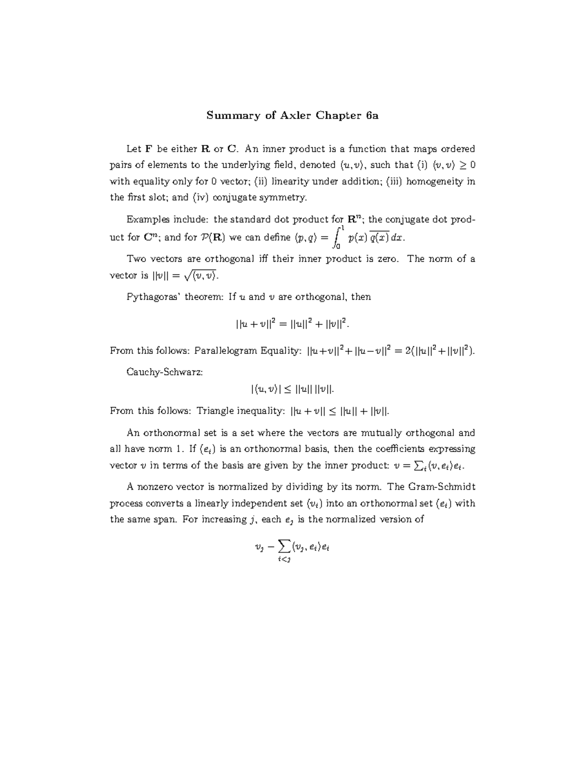 Summary 6a - chapter 6a - Summary of Axler Chapter 6a Let F be either R ...